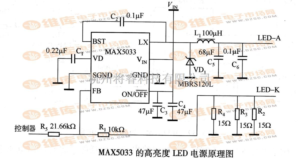 电源电路中的MAX5033的高亮度LED电源原理图 - 将睿