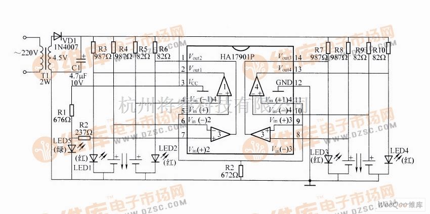 充电电路中的采用4重比较器的镍镉电池自动充电器电路图 - 将睿