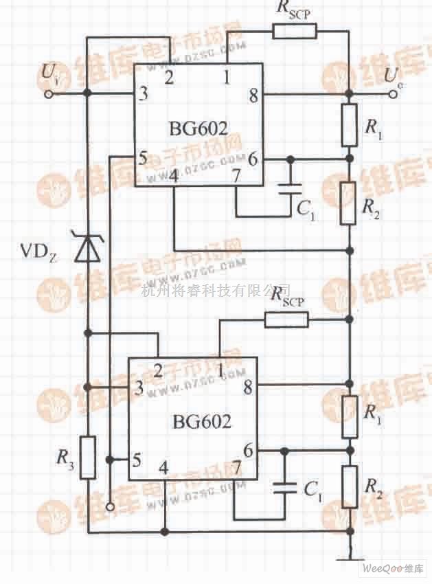 稳压电源中的由两个BG602输出电压叠加的集成稳压电源电路 - 将睿