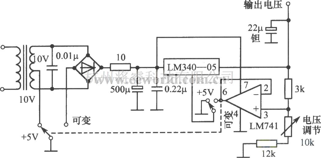 电源电路中的LM340-05构成的恒压和可调两用稳压电源 - 将睿