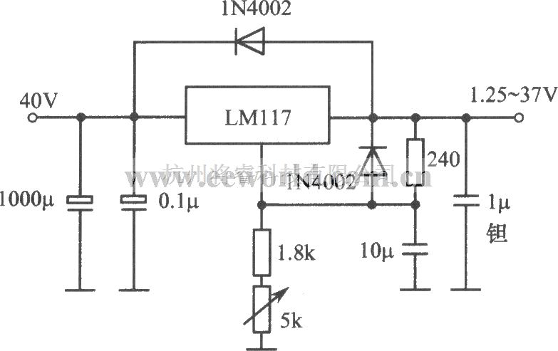 电源电路中的LM117构成的1.25～37V、1.5A可调稳压电源 - 将睿