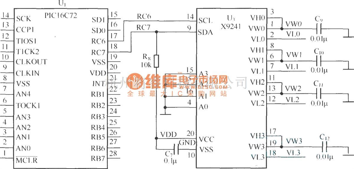 电源电路中的PIC16C72与X9241接口电路 - 将睿
