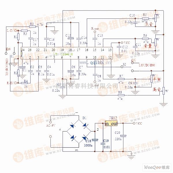 音频电路中的由LM4610制作的3D音调电路图 - 将睿
