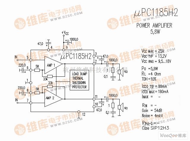 集成音频放大中的μPC1185H2 音响IC电路图 - 将睿