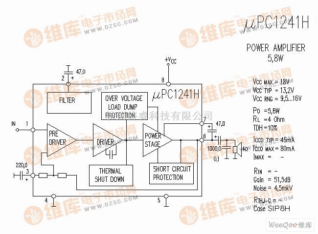 集成音频放大中的μPC1241H 音响IC电路图 - 将睿