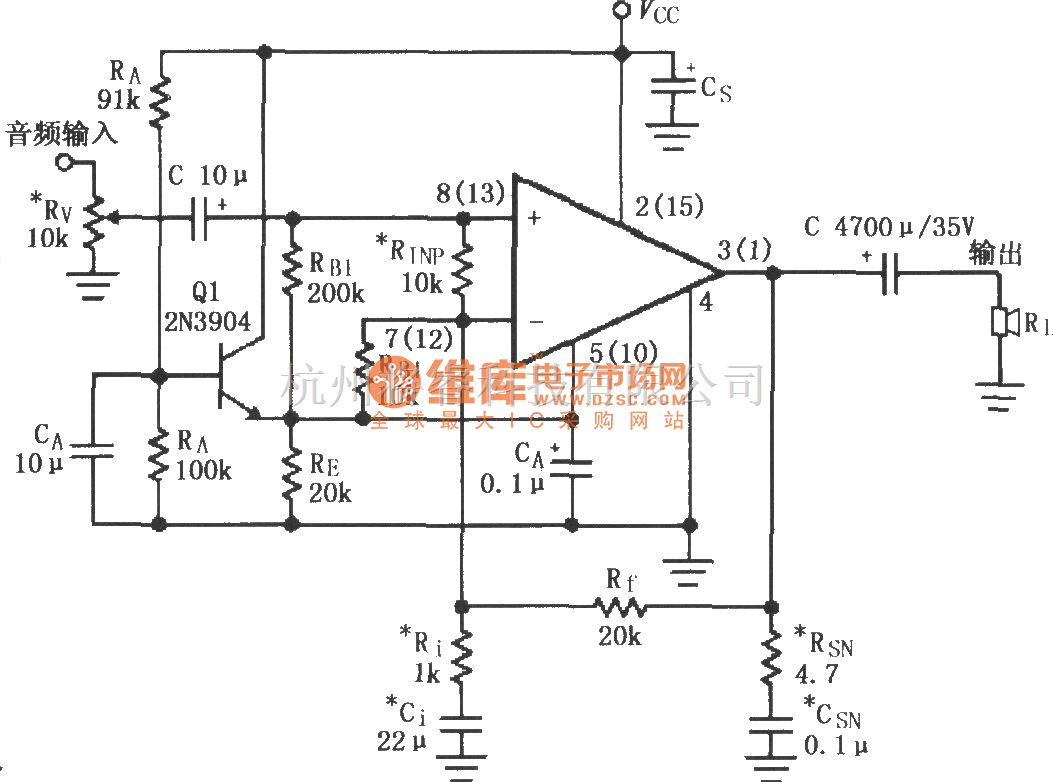 集成音频放大中的LM1876的单电源供电音频功率放大电路 - 将睿