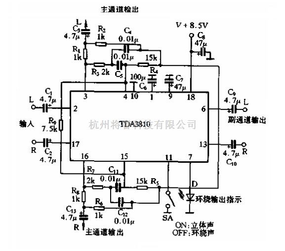 分立元件放大中的一款由TDA3810组成的环绕立体声电路 - 将睿