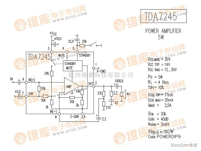 音频处理中的TDA7245 音响IC电路图 - 将睿