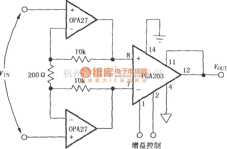 增益可调放大中的由PGA203与OPA27构成的低噪声差分放大器 - 将睿