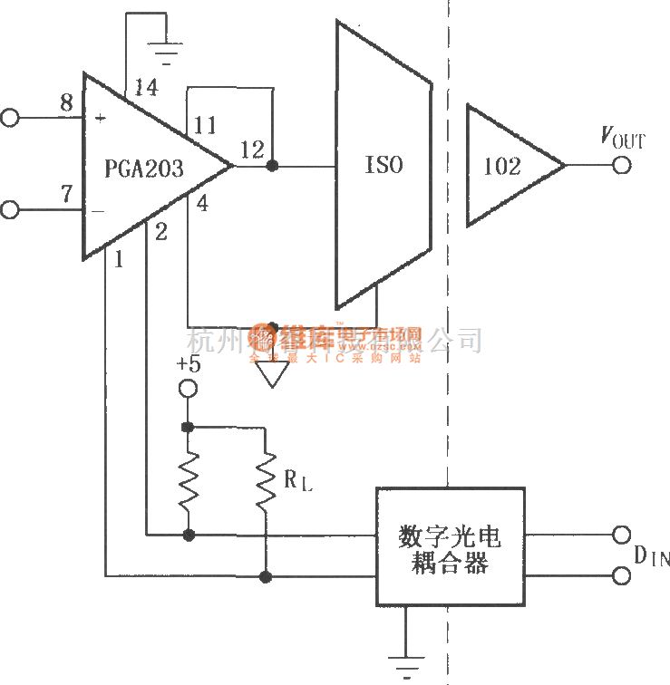 增益可调放大中的由PGA203与ISO102构成的隔离式可编程增益仪表放大器电路 - 将睿
