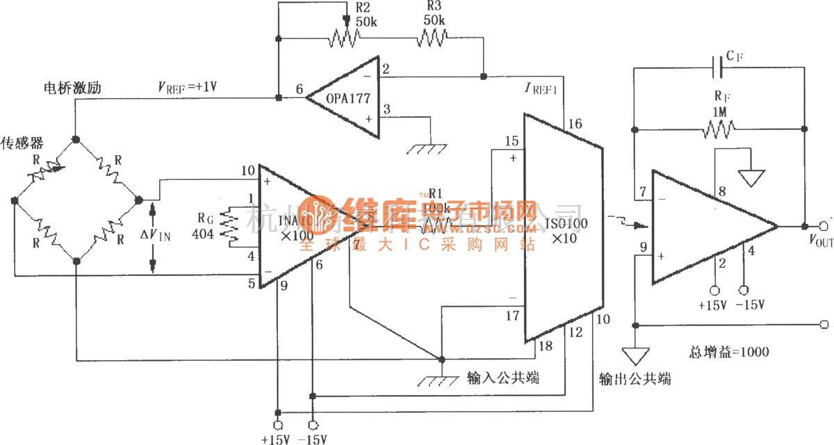 耦合隔离放大中的由ISO100构成的单极性精密电桥隔离放大电路 - 将睿