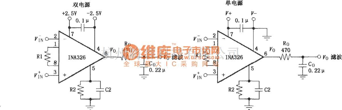 仪表放大器中的INA326／327的信号和电源的基本连接电路 - 将睿