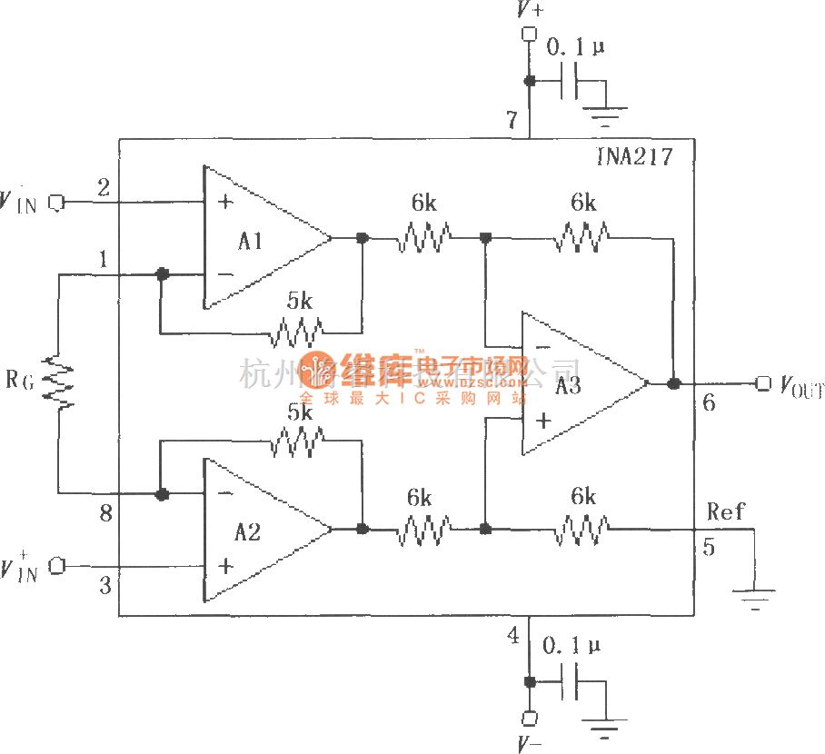 仪表放大器中的INA217信号和电源的基本连接电路 - 将睿