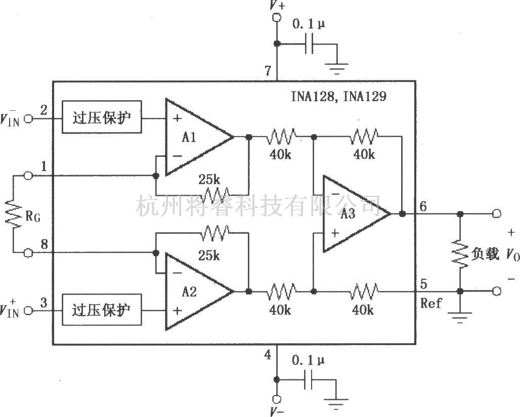 仪表放大器中的INA128／129的信号和电源的基本连接电路 - 将睿