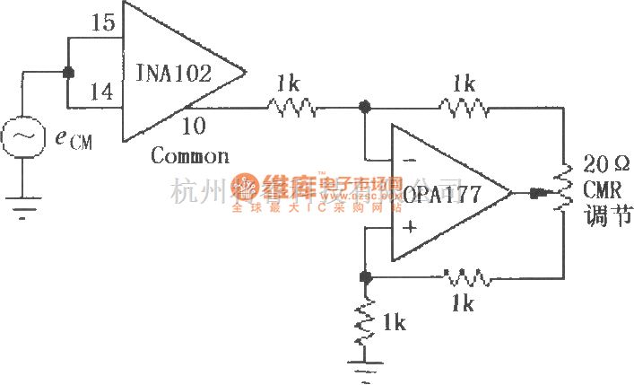 仪表放大器中的INA102外部可调共模抑制比(CMR)电路 - 将睿