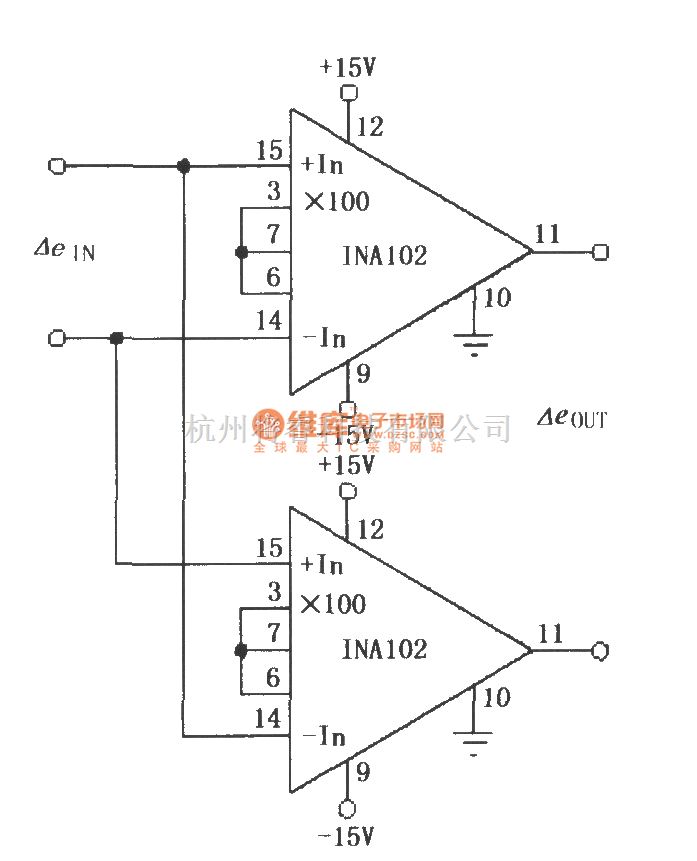 仪表放大器中的差动输入／差动输出放大器(INA102) - 将睿