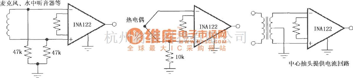 仪表放大器中的3个典型的INA122提供输入偏流通路的电路 - 将睿