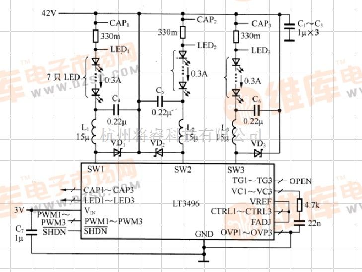 LED电路中的基于LT3496的降压型LED驱动电路 - 将睿