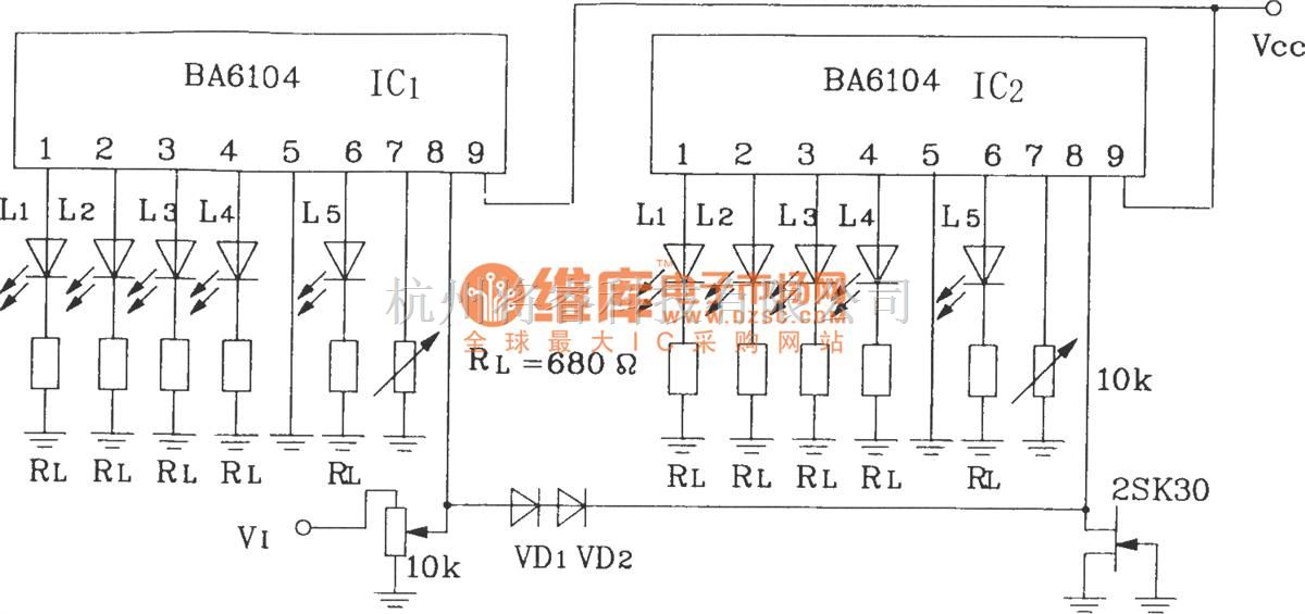 LED电路中的2块BA6104五位LED电平表驱动集成电路构成的10点LED电平显示电路 - 将睿