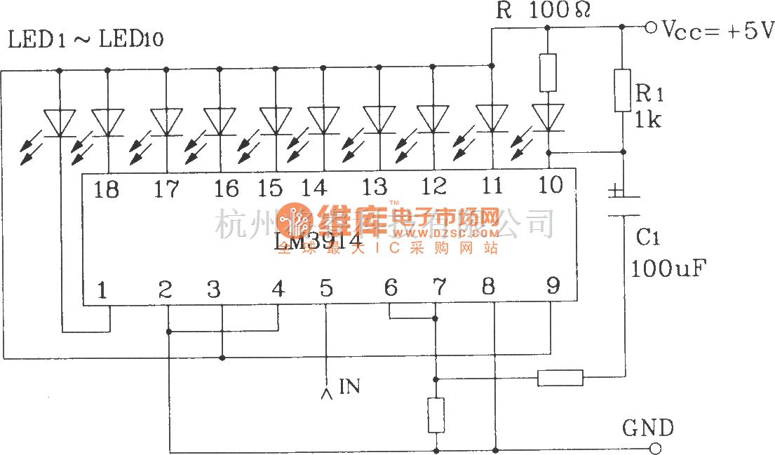 LED电路中的LM3914系列点/线图形LED显示驱动集成电路构成的带有闪光报警的LED显示器电路 - 将睿