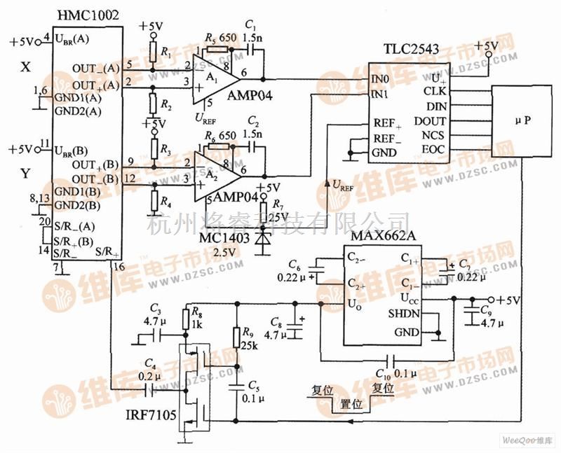 传感器电路中的基于HMC1002的双轴磁场传感器应用电路图 - 将睿