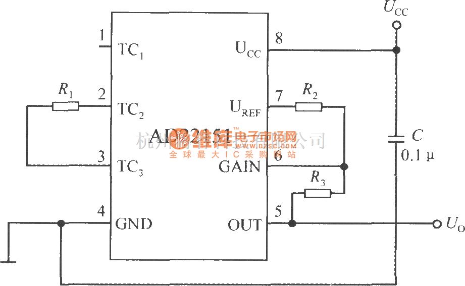 磁场、电场传感器中的由线性输出的集成磁场传感器AD22151构成的双极性模式下的温度补偿电路 - 将睿