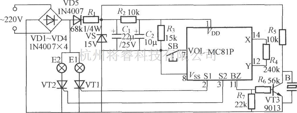 灯光控制中的带音乐的双路闪烁灯串电路(MC81P) - 将睿