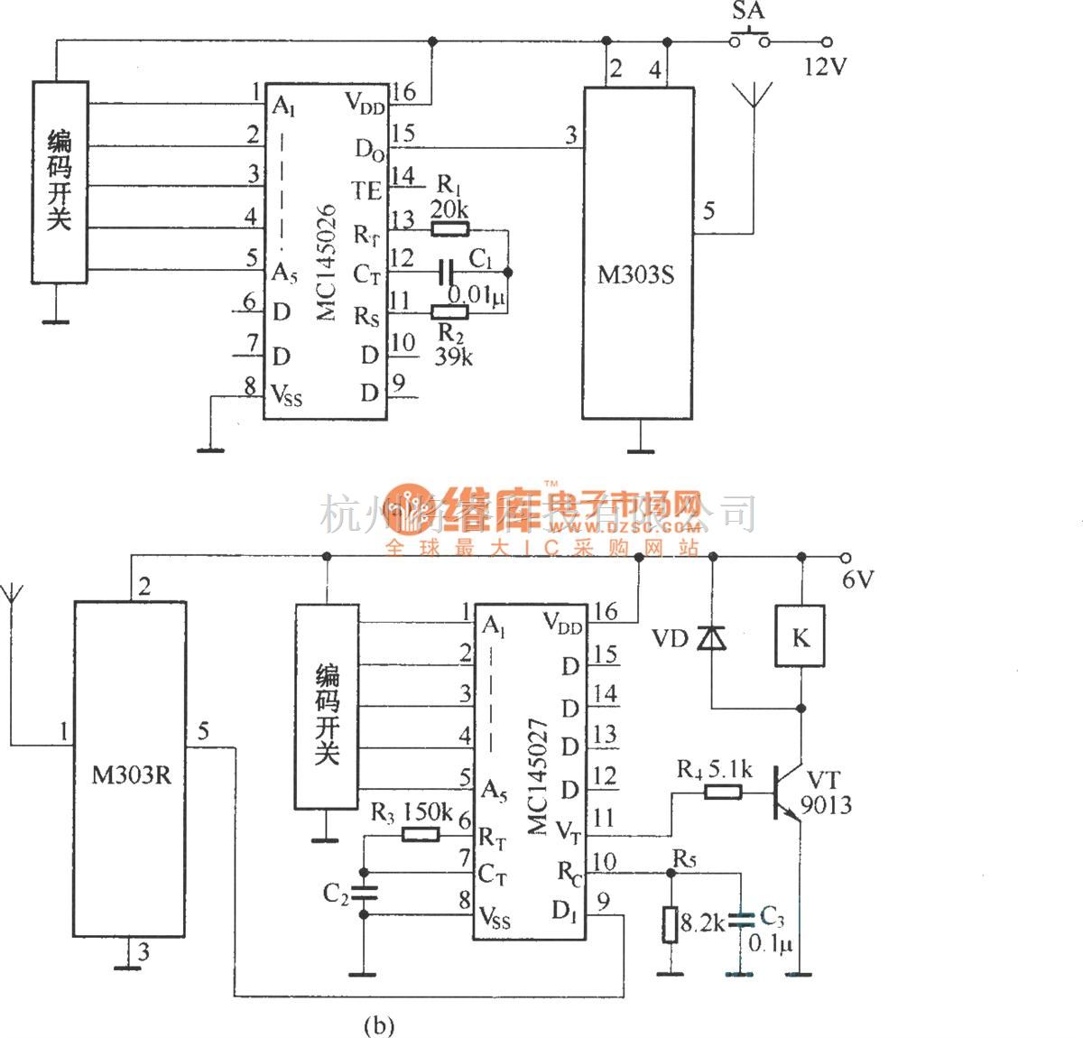遥控电路（综合)中的数字编码遥控开关(数字编译码器MC145026/MC145027微型无线电收发模块M303S/M303R) - 将睿