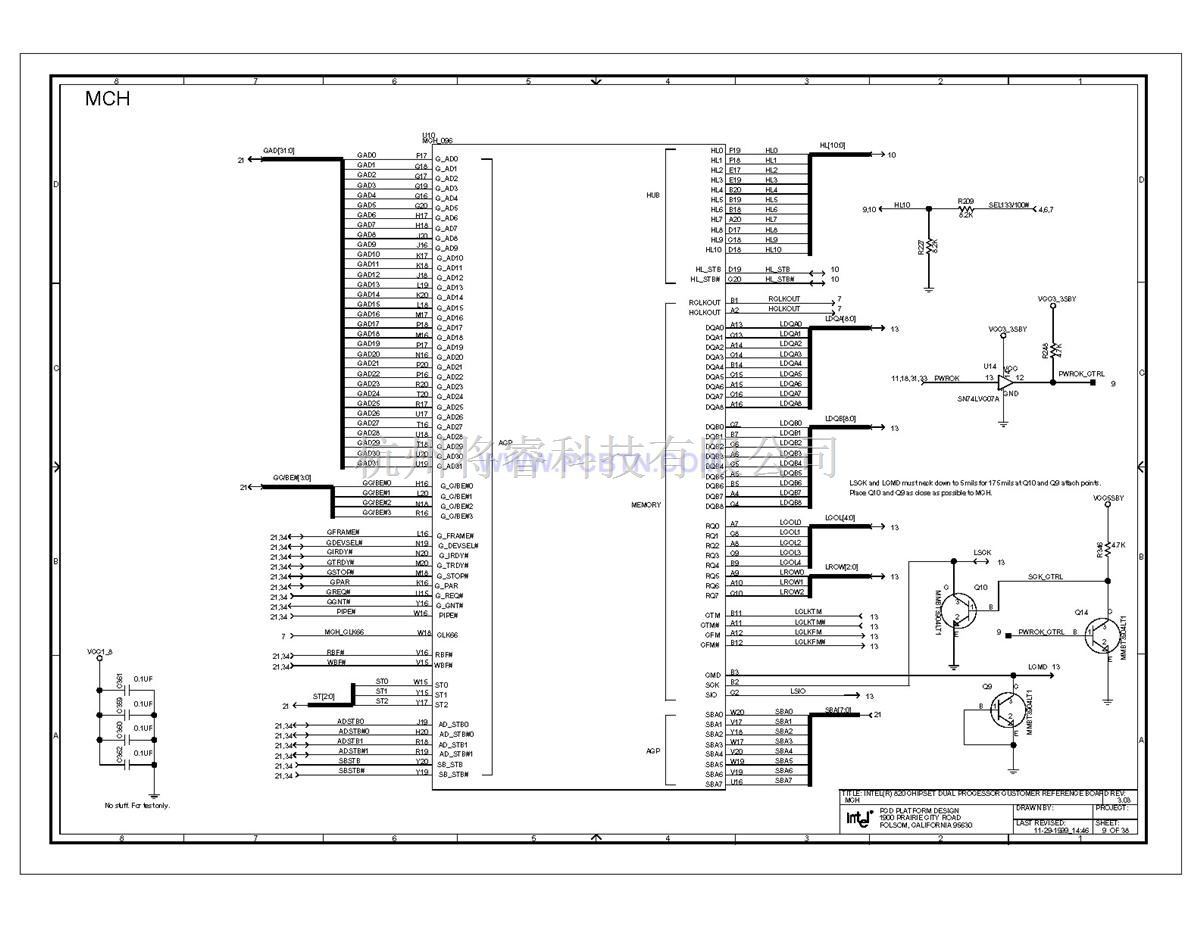 微机单片机中的Intel 820e主板MCH北桥控制芯片电路图 - 将睿