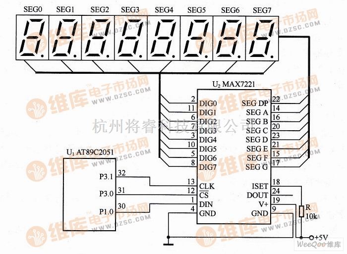 接口电路中的MAX7221与AT89C2051的接口电路图 - 将睿